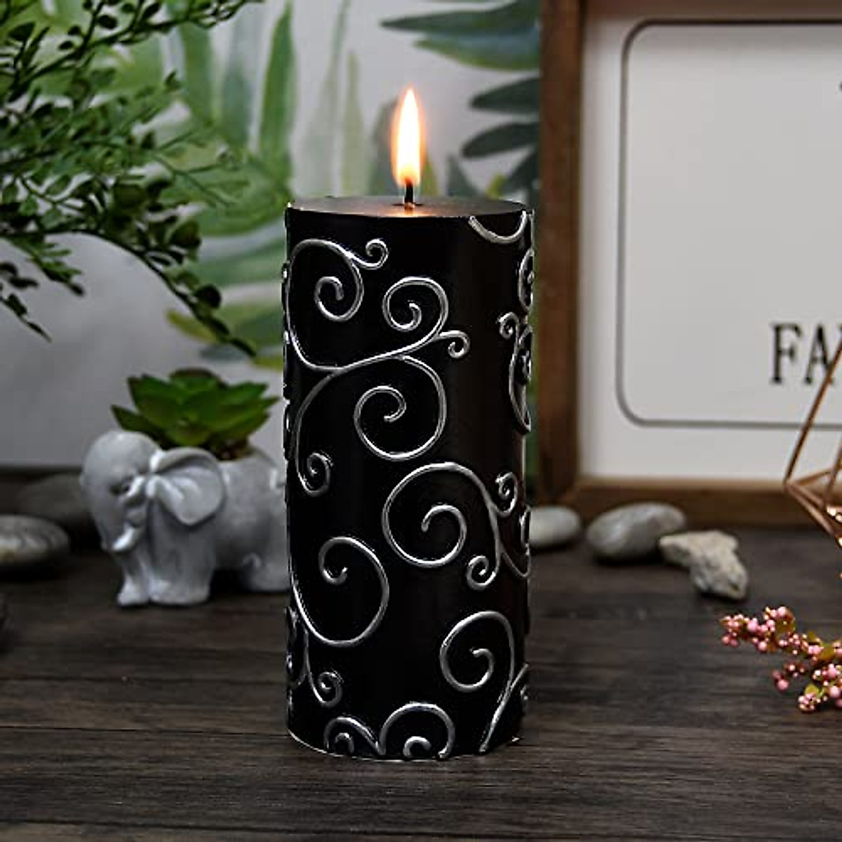Zest Candle Pillar Candles, 3 by 6-Inch, Black Scroll