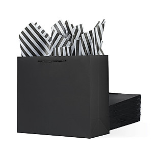 Offizon 6 Pack Black Gift Bags, 8.7x3.9x7.1 Inches Gift Bags Medium Size with Tissue Paper