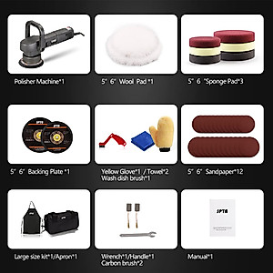 SPTA Buffer Polisher, 780W 5Inch & 6Inch Dual Action Random Orbital Car Polisher, 41Pc Car Detailing Kit with Polishing Pads, Sanding Papers, Wool Pads, Tool Bag for Car Polishing and Waxing -DA501-US
