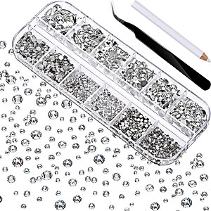 2000 Pieces Flat Back Gems Rhinestones 6 Sizes (1.5-6 Mm) Round Crystal Rhinestones with Pick up Tweezer and Rhinestones Picking Pen for Crafts Nail Clothes Shoes Bags DIY Art(Clear)