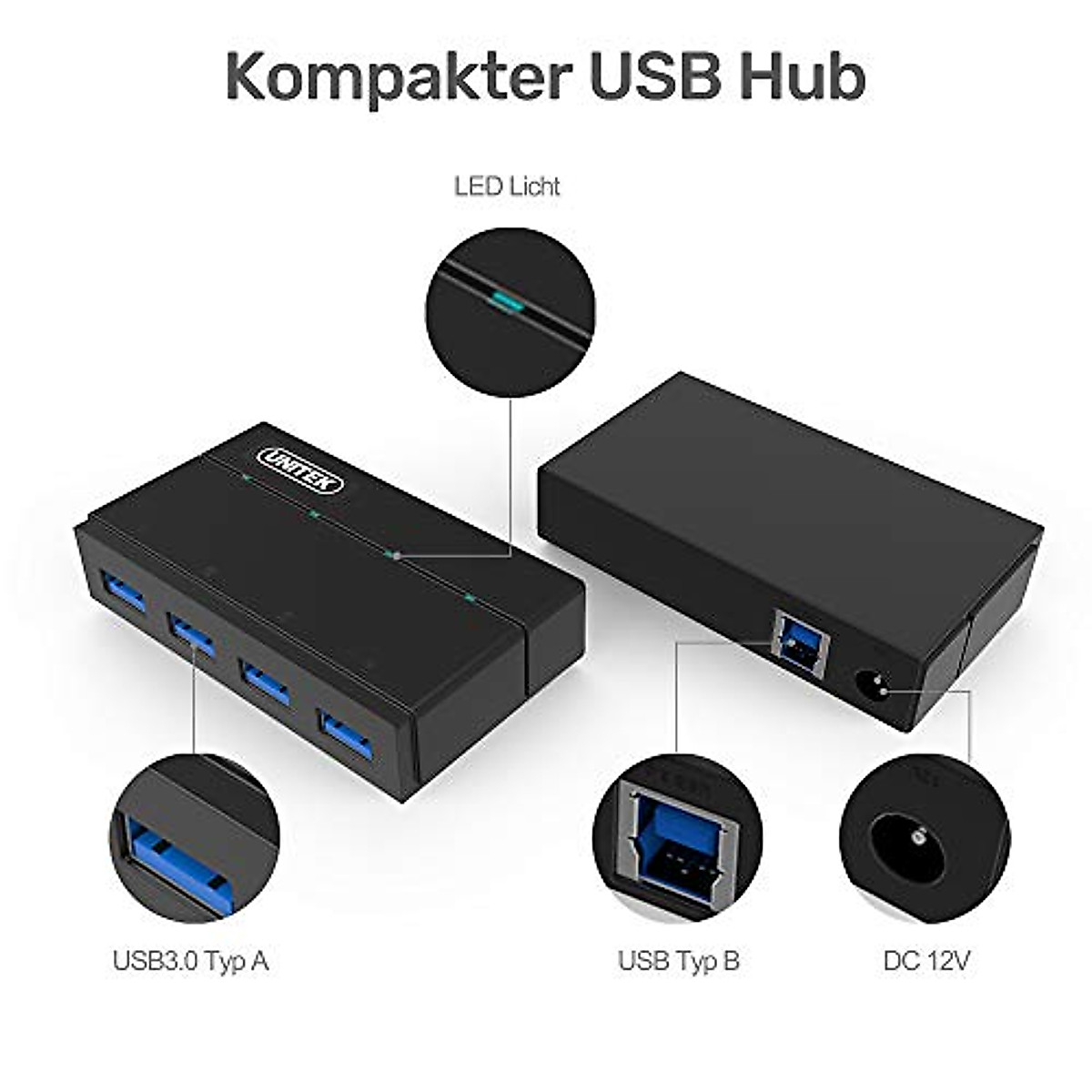 UNITEK Active USB Hub 4 Port 3.0 Gen 1 + Power Supply, SuperSpeed Data Hub Multiport Splitter for PC, Laptop, Keyboard, Mouse, Printer, iOS (Mac) + Windows Compatibility, Plug & Play Black