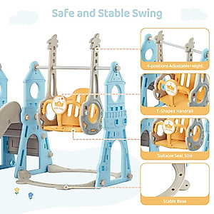 4-in-1 Toddler Slide and Swing Set with Extra Large Playground, Basketball Hoop & Climber, Indoor/Outdoor Playset, Castle Collection - Blue & Yellow