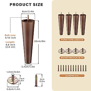 8 Inch Wood Furniture Legs Sofa Legs Set of 4, Brown Wooden Furniture Feet Couch Legs, Mid Century Modern Dresser Replacement Feet for Chair Cabinet Armchair Table Or Home DIY Projects Bun Feet