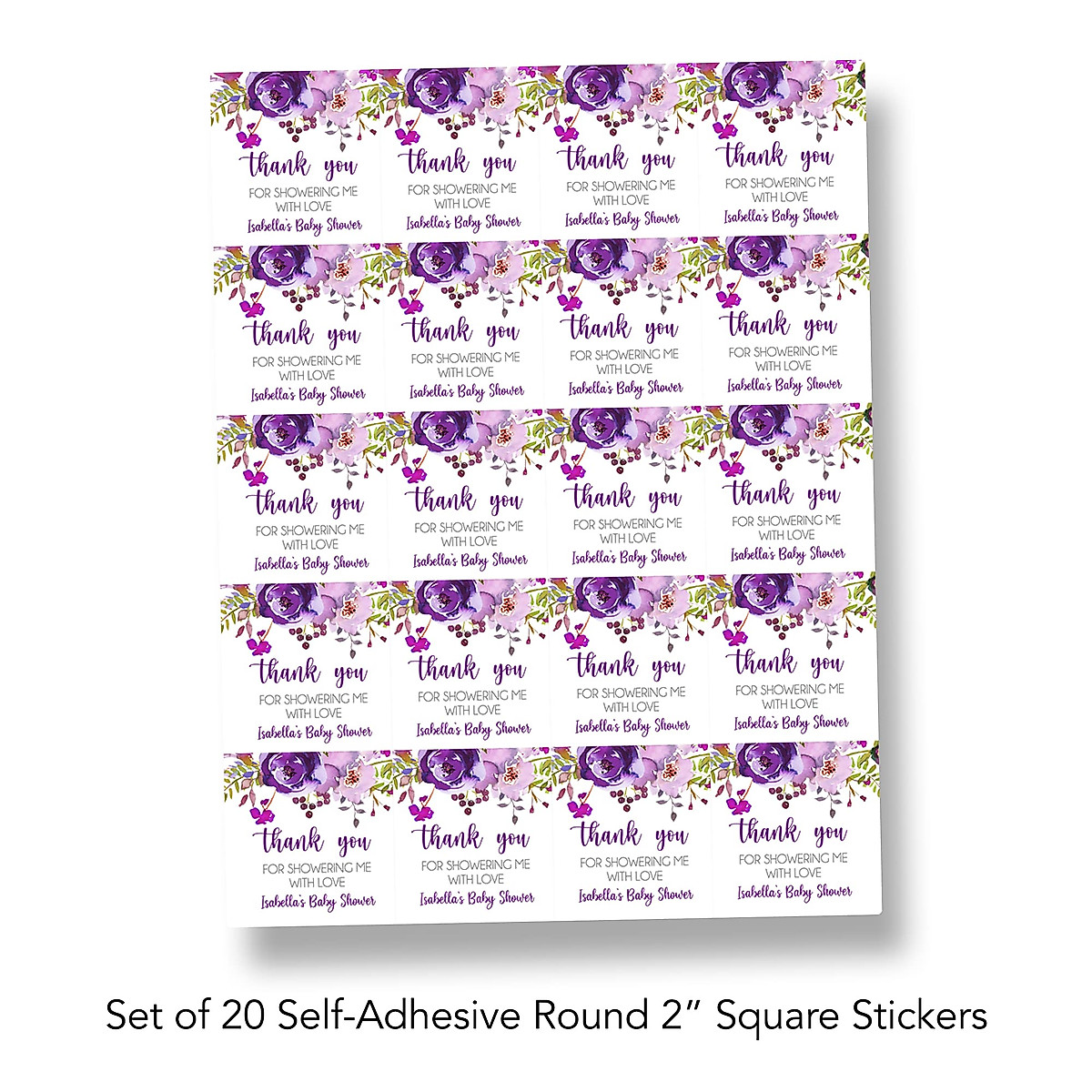 Personalized Purple & Lavender Floral Baby Shower Favor Stickers | Set of 20 Square Baby Shower Thank You Labels (FL138)