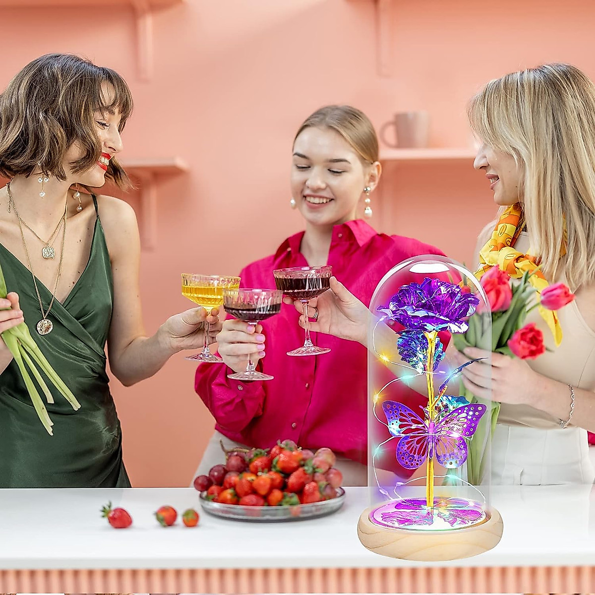 QUNPON Mothers Day Glass Rose Light Up Rose Gifts for Mom Women Birthday Gifts Colorful Rainbow Artificial Flower Rose Gift in A Glass Dome Valentines Mother's Day for Her Women