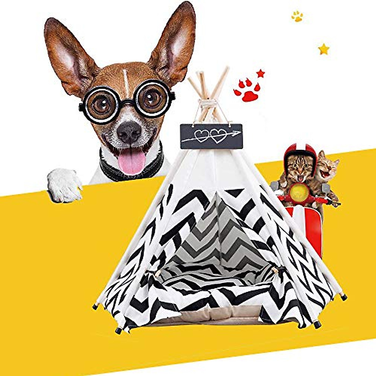 Pet Teepee Tent for Dogs Puppy Cat Bed White Canvas Dog Cute House Pet Teepee with Cushion 24inch Indoor Outdoor (White&Black)