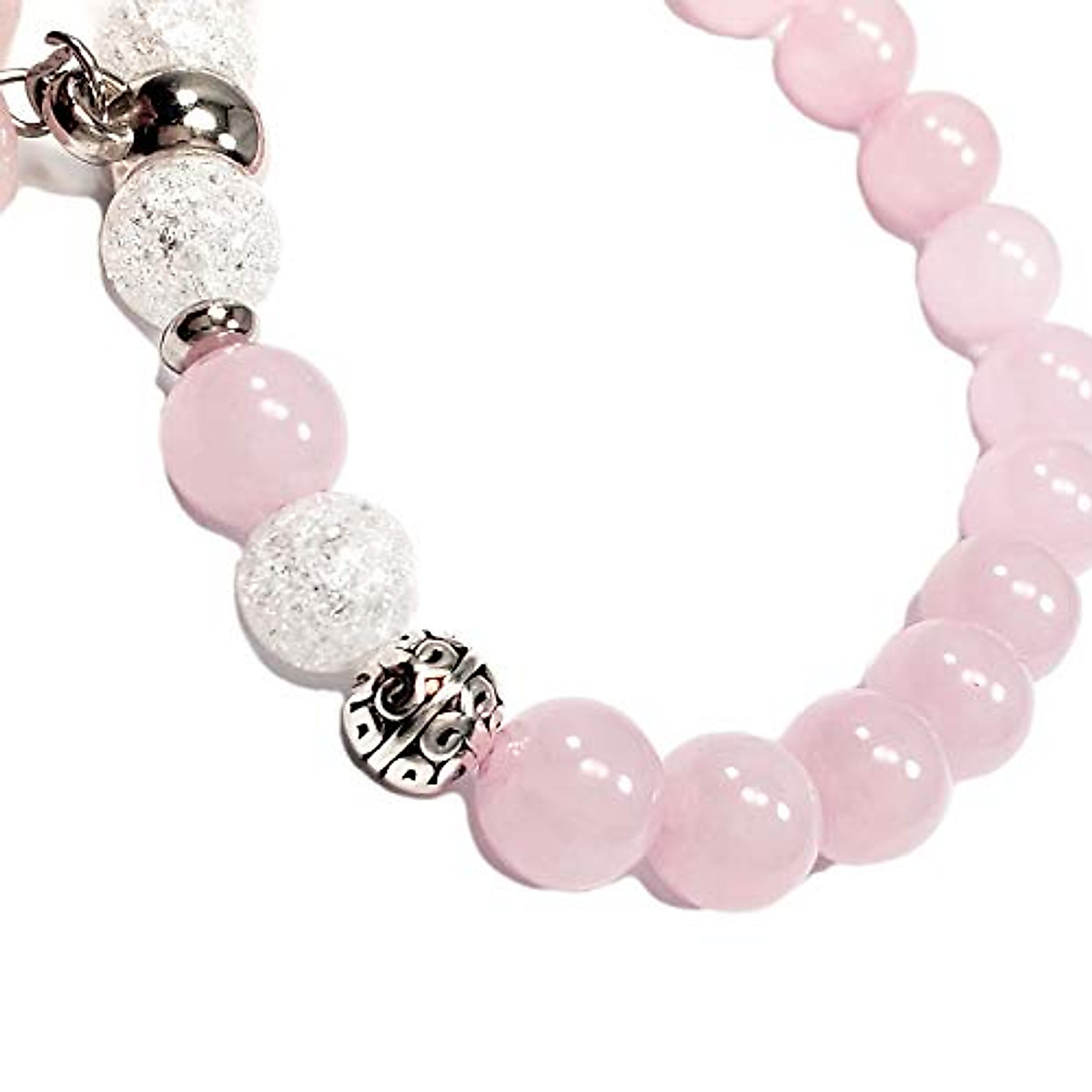 Pink Heart Charm Bracelet REAL Natural Stones Rose Quartz and Cracked Quartz Birthstone Women Bracelet Yoga Chakra Bracelet Anti-Stress Anti-Anxiety Gemstones Jewerly (quartz cracked rose qtz)