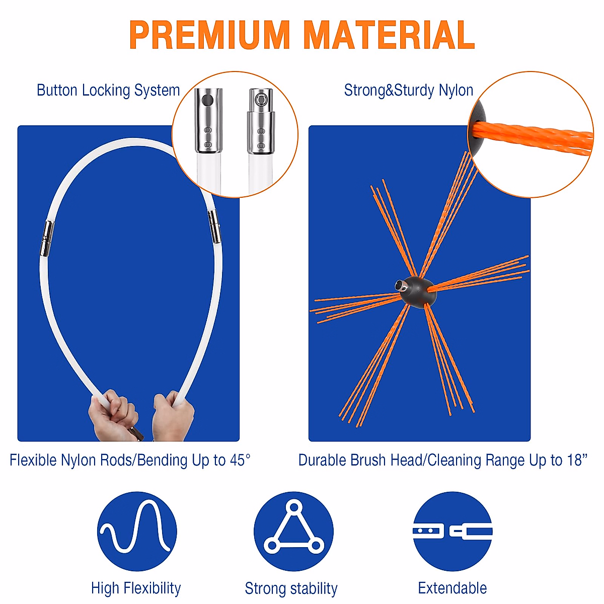 HOXHA Chimney Sweep Kit Chimney Cleaner with Nylon Flexible Rods Chimney Cleaning Kit Tool Driven by Rotary Drill Chimney Brush Kit with Button Locking for Fireplace Flue