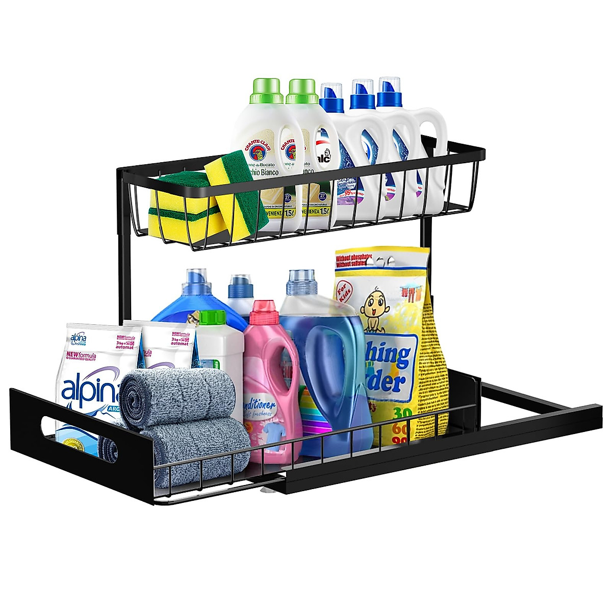 HOMSAILMO Under Sink Organizer and Storage, 2-Tier L-Shaped Kitchen Organization Rack, Heavy-Duty Multi-Purpose Storage Shelf with Sliding Cabinet Drawer for Bathroom, Pantry