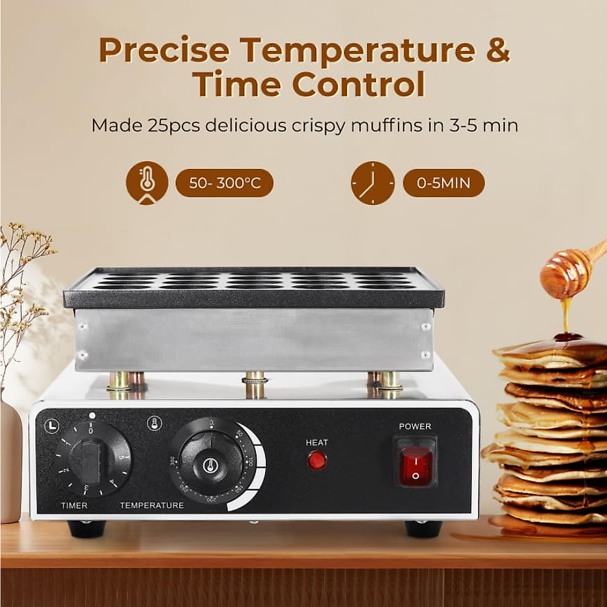 POWLAB Mini Dutch Pancake Baker Maker Commercial Poffertjes Electric Dorayaki Maker Muffin Making Machine 25Pcs Non-stick Waffle Pancake Maker for Home Kitchen Restaurant Bakery Leisure Snack Bar