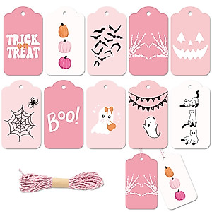 Whaline 120Pcs Halloween Paper Gift Tags Pink Cute Ghost Boo Pumpkin Hanging Labels with Cotton Rope for Birthday Baby Shower Name Present DIY Crafts, 10 Designs