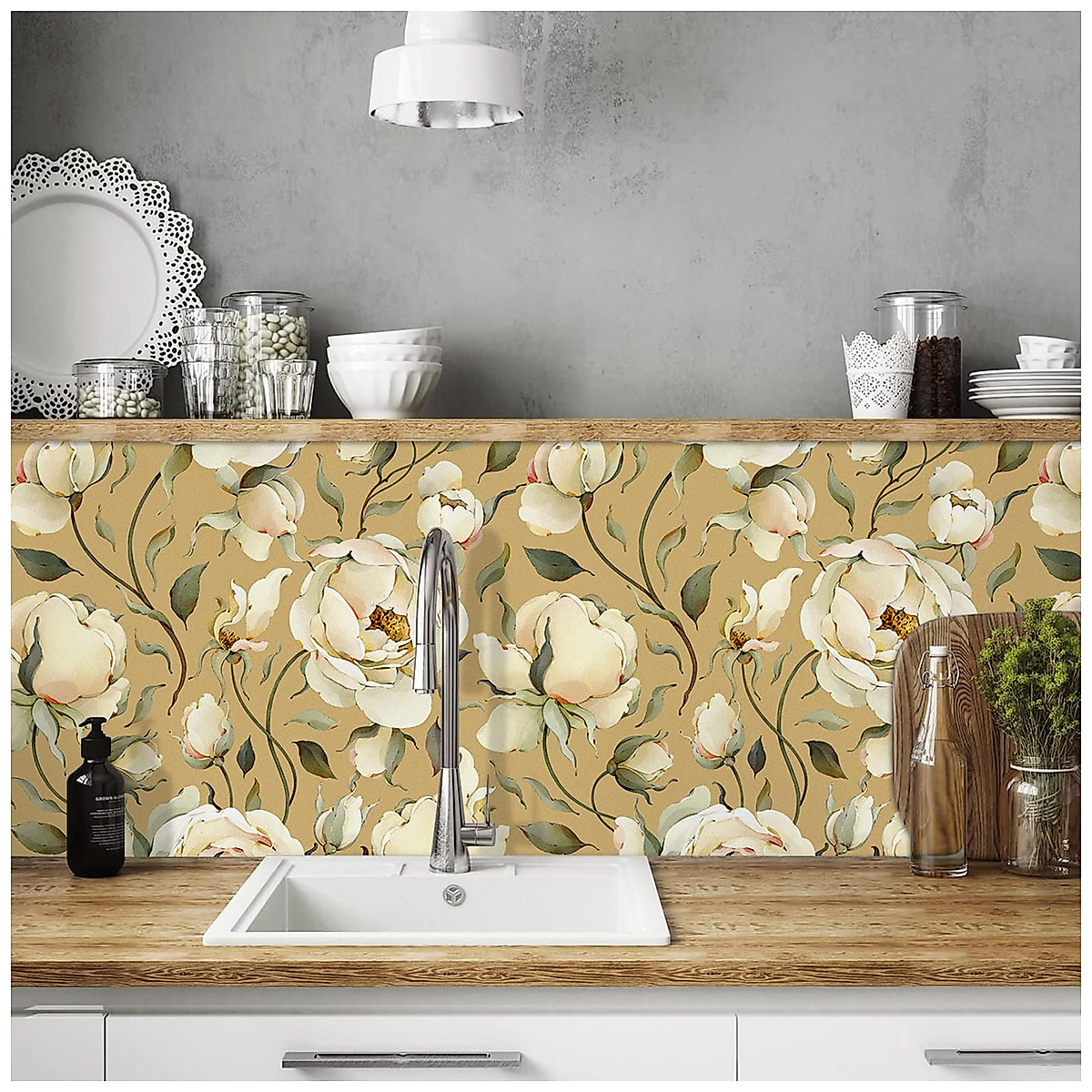 HAOKHOME Vintage Roses Floral Peel and Stick Wallpaper Peonies Removable Yellow/Beige/Olive Vinyl Self Adhesive Mural 17.7in x 9.8ft