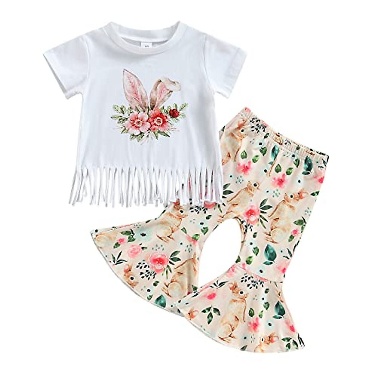 Xdftwdmgqe Toddler Baby Girl Easter Clothes Short Sleeve Letter Print Tops Floral Bell Bottoms Pants 2Pcs Summer Outfit