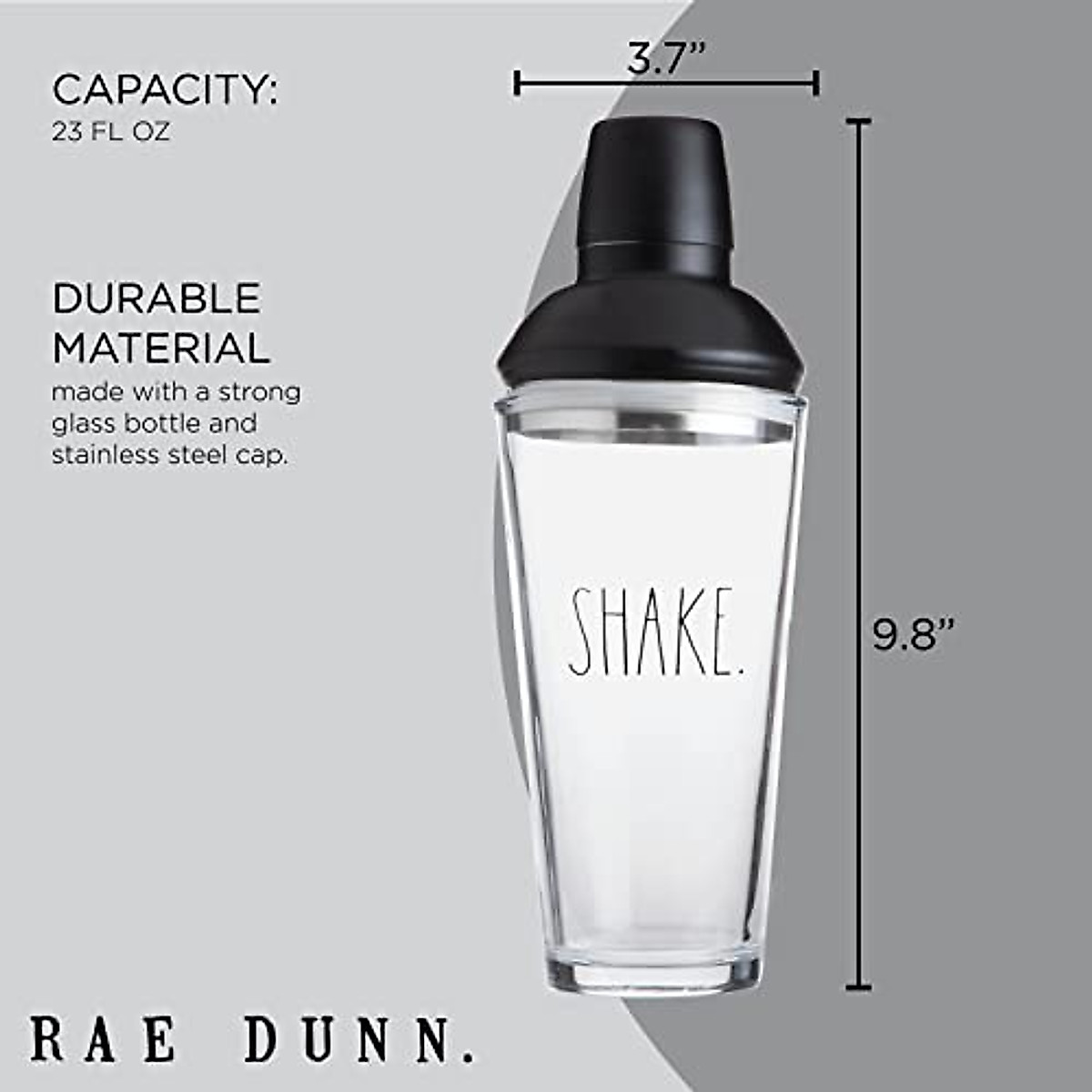 Rae Dunn Glass Cocktail Shaker - Martini Shaker for Drinks - 23 OZ Capacity Glass Margarita Shaker for at Home Bar, Entertaining and Parties (Black)