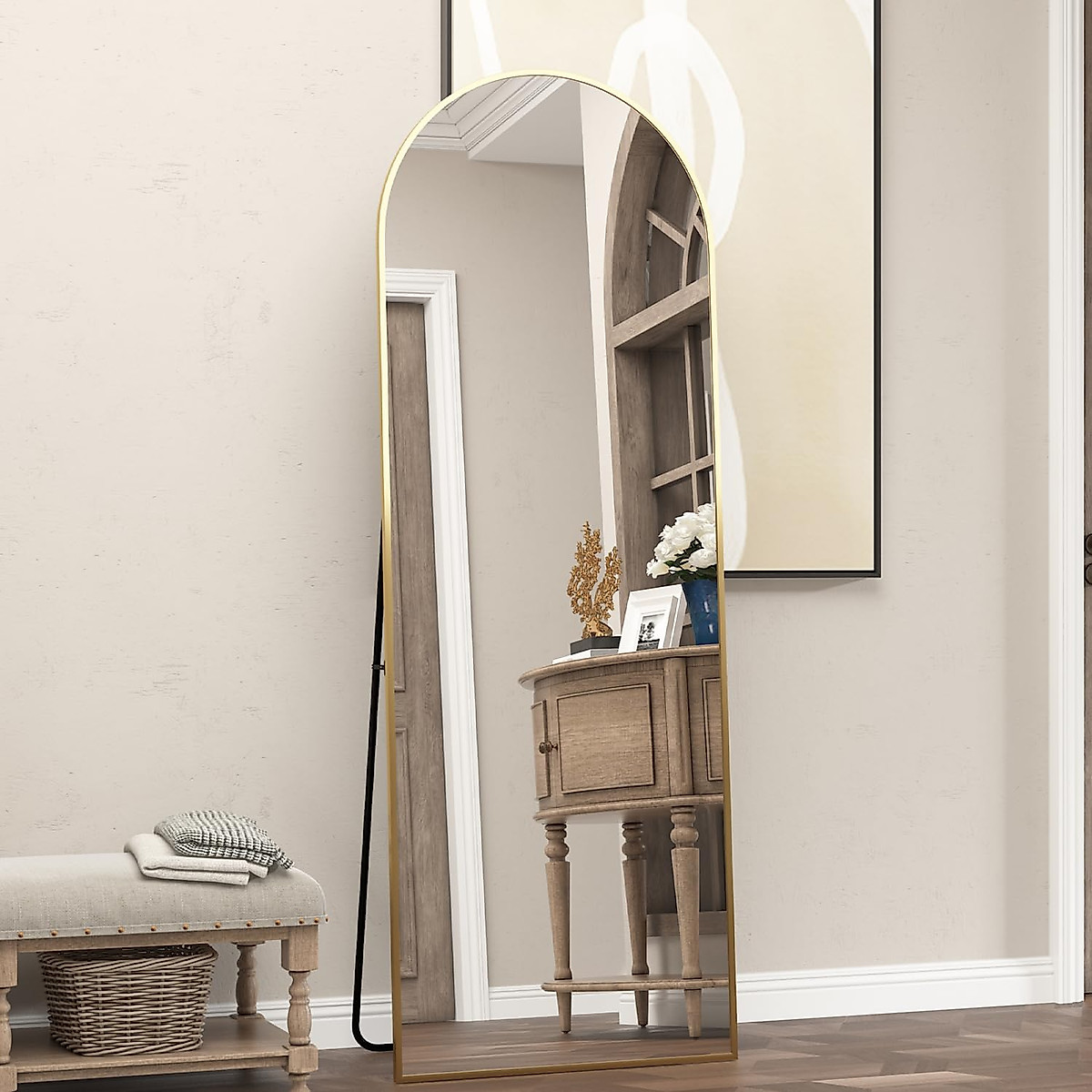 Elemango 64"x21" Arched Floor Mirror Full Length Mirror, Full Body Wall Mirror with Aluminum Frame, Arched-Top Full Mirror Standing Hanging or Leaning, Dressing Mirror for Bedroom Living Room, Gold