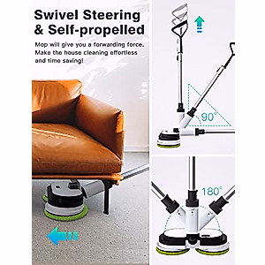 Cordless Electric Mop, Electric Floor Cleaner with LED Headlight & Water Sprayer, Up to 60 mins Detachable Battery, Dual-Motor Powerful Spin Mop with 300ML Water Tank for Multi-Surface, Self-Propelled