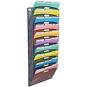 Ultimate Office Mesh Wall File Organizer, 10 Tier Vertical Mount Hanging File Sorter. Multipurpose Display Rack Includes 18, 3rd Cut PocketFile Clear Document Folder Project Pockets (Black)