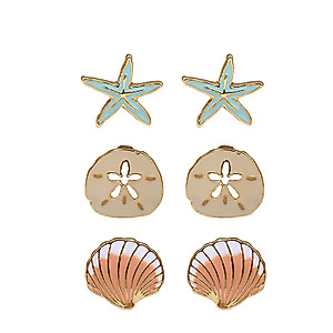 Rosemarie Collections Women's Beach Stud Earrings Set of 3 Starfish Sand Dollar Shell (Enamel Colors)