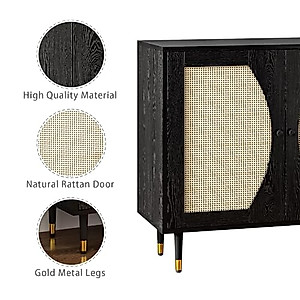 4 EVER WINNER Rattan Sideboard Cabinet with Handmade Natural Rattan Doors, Coffee Bar Storage Cabinet with 4 Solid Wood Table Legs, Bohemian Style Accent Cabinet Console Table for Hallway, Entryway