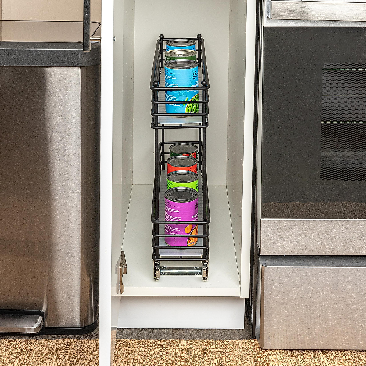 Household Essentials Narrow Sliding Cabinet Organizer, Two Tier Organizer, Matte Black, Great for Slim Cabinets in Kitchen, Bathroom and More, 5"