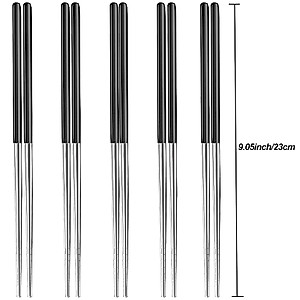 5 Pairs Stainless Steel Chopsticks, Slivek Reusable Premium Lightweight 304 Metal Chopsticks Dishwasher Safe, Non-slip, Lightweight, 9.05 inches (Black Silver)