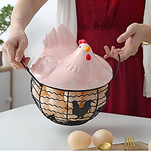 Simple Creative Storage Basket Creative Hen Ceramic and Iron With Storage Basket Hand-painted Egg Carton Large Capacity Kitchen Storage Gods Hold 20-25 Eggs (Yellow Grid Basket)