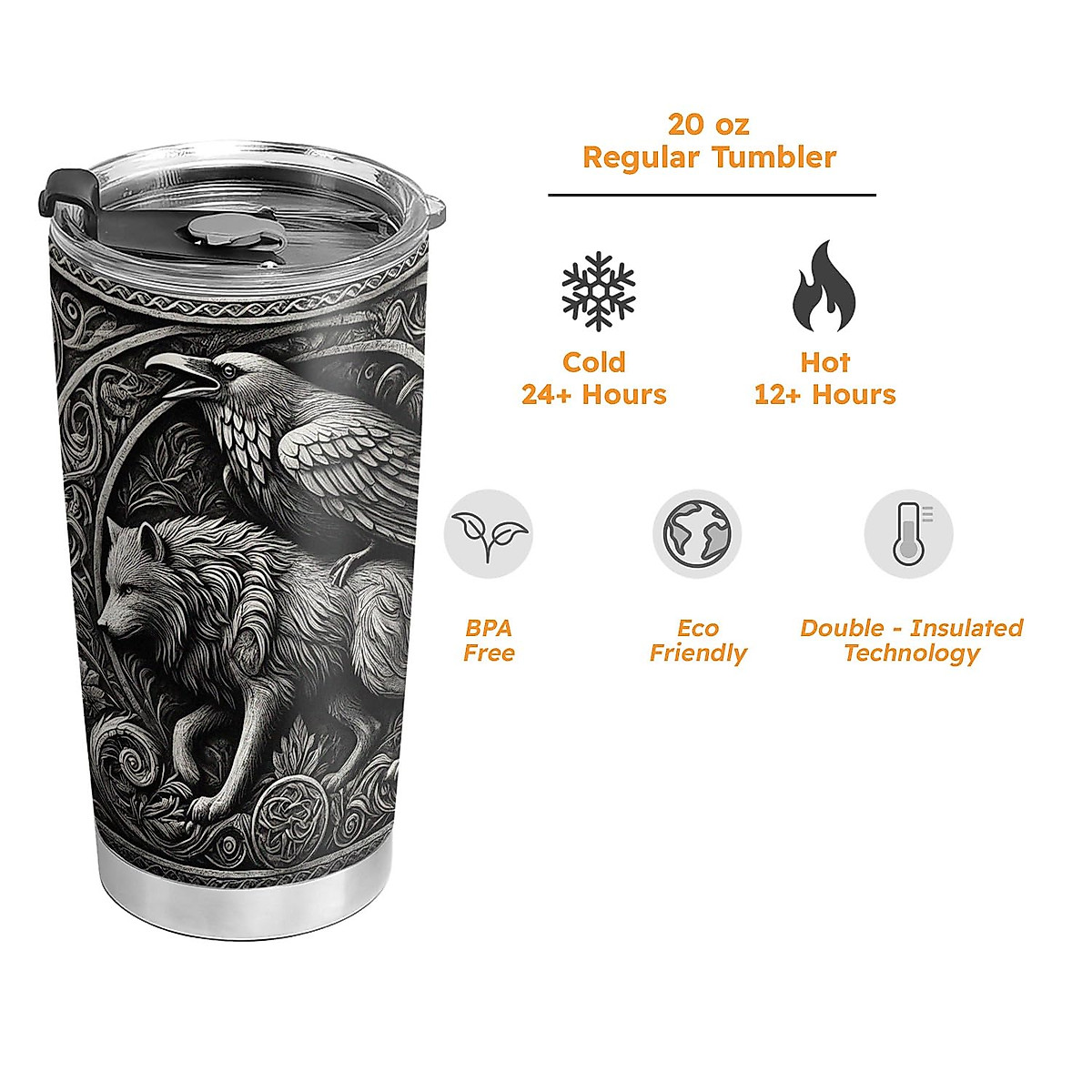 20oz Raven Wolf Tumbler, Viking Gifts for Men, Norse Mythology Gifts, Coffee Thermos, Viking Celtic Wolf Raven Tumbler Cup, Stainless Steel Double Wall Vacuum Insulated Coffee Mug, Travel Cup with Lid