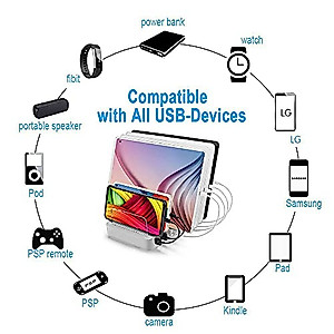 USB Charging Station for iPhone 14,COSOOS Charger Station with 5 lPhone Cable,1 Type-C,1 Micro Cable,6-Port Charging Station for Multiple Devices(Silver White)