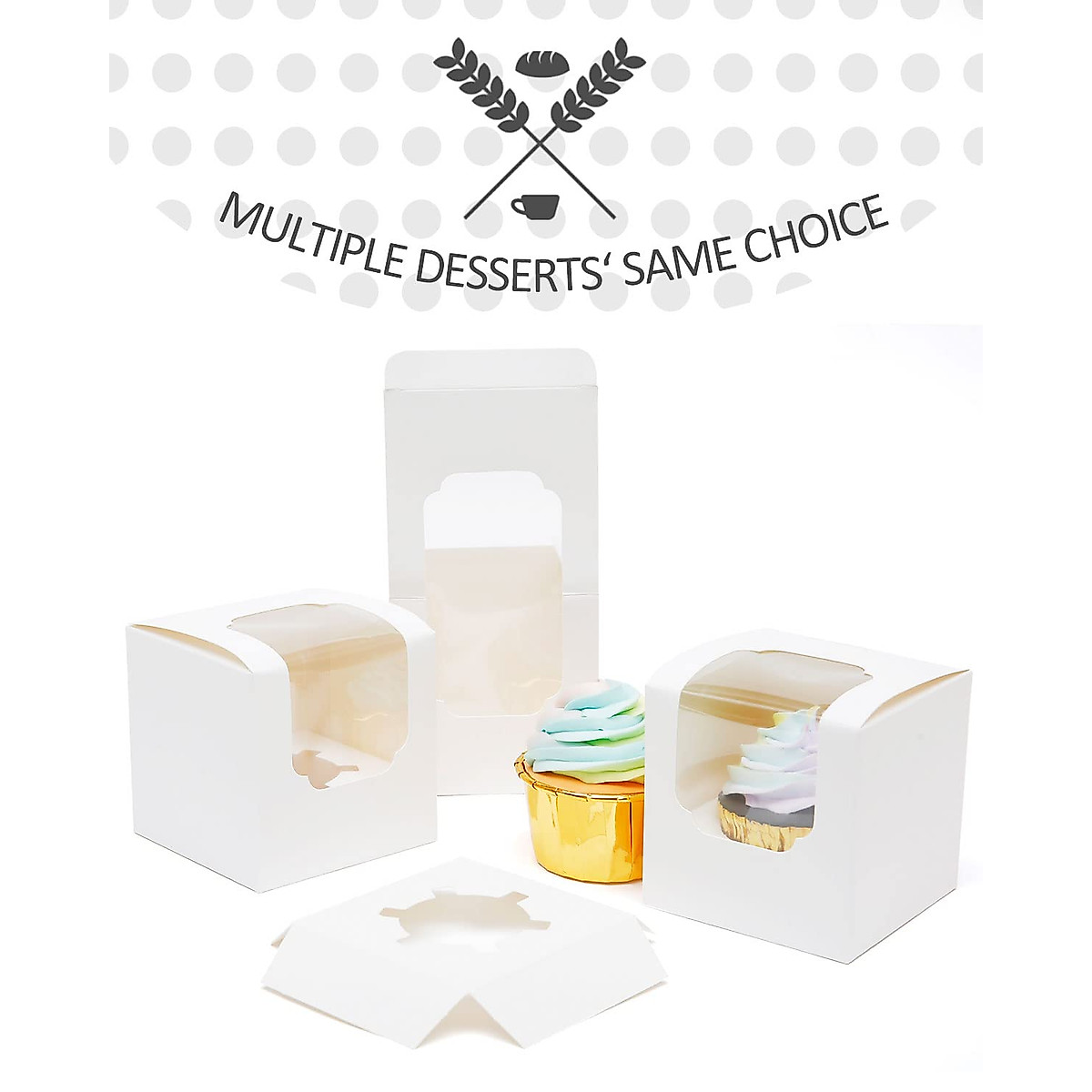qiqee 100pcs Auto-Popup Mini Cupcake Boxes Individual White 2.5" x 2.5" x 2.5" Single Cupcake Carrier Container for Wedding Favor Birthday ＆ Party（Mini Size）