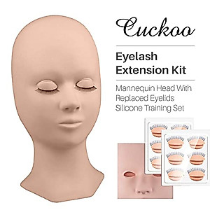 Cuckoo Eyelash Extension Supplies Kit,Lash Extension Practice Kit For Beginner,Mannequin Head With 7 Pairs Replaced Eyelids Silicone And Supplies Training Set,Professional Eyelash Extension Kit