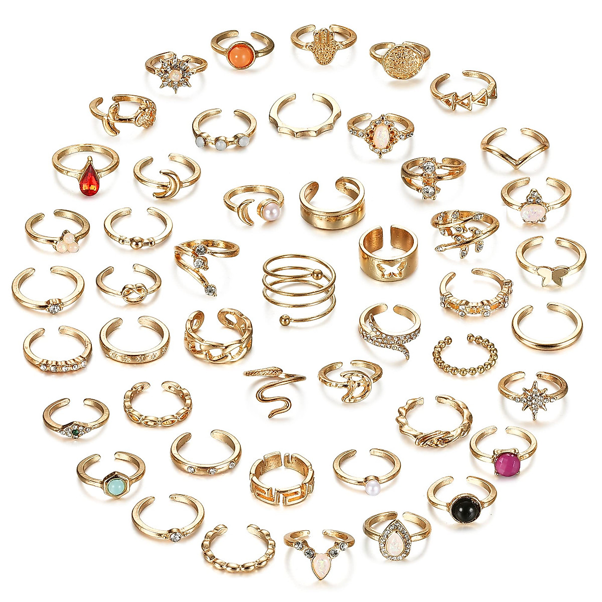 Subiceto 48Pcs Open Toe Rings Set for Women Men Adjustable Vintage Retro Knuckle Ring Bohemian Toe Finger Tail Ring Summer Beach Foot Jewelry Gold