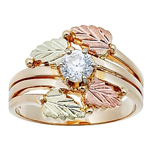 Bypass Leaves Ring with CZ, 10k Yellow Gold, 12k Green and Rose Black Hills Gold Size 7.25