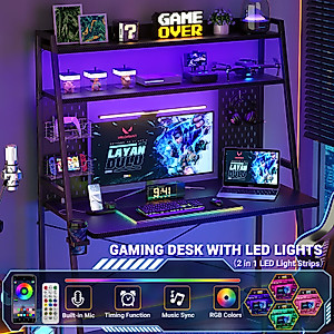 Besiost Small Gaming Desk with Hutch and LED Lights, Gaming Computer Desk with Power Outlets, Gamer Desk with Storage Shelves, PC Gaming Desk with Pegboards for Bedroom Small Spaces, Black, 43"
