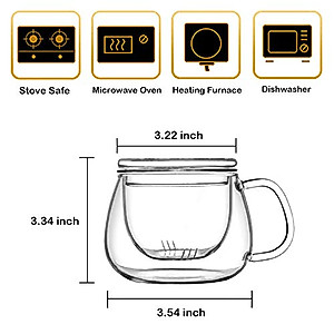 Lezero 13 ounce Tea Cups Kits Loose Tea-leaf Brewing System, Thickened Glass Cups with Tea Infuser Basket and Lid, Simple Filtration Teacups Great for Family Daily