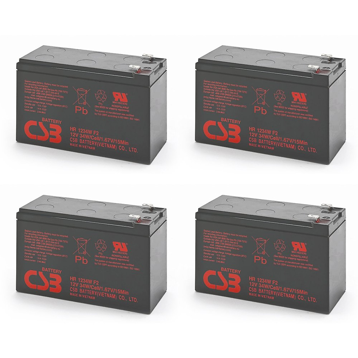 Quantity 4 CSB HR1234WF2 12 Volt/9 Amp Hour (34 Watts) Sealed Lead Acid Battery w/0.250" Fast-on Terminals