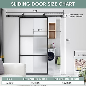 JUBEST Glass Barn Door 42in x 84in, Reeded Glass Carbon Steel Pre-Drilled Frame Sliding Barn Door Panel with 7FT Hardware Kit and Soft Close