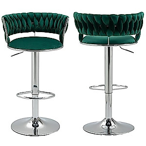 Kakotito 360° Velvet Swivel Bar Stools with Low Back & Footrest, Adjustable Counter Barstools, Silver Bar Stool (Set of 2 - Silver Version, Emerald)