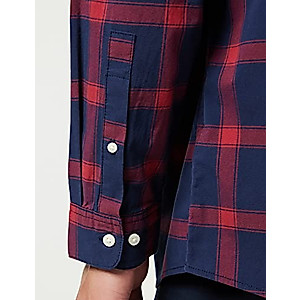 Amazon Essentials Men's Long-Sleeve Regular-Fit Stretch Poplin Shirt, Navy Red Buffalo Plaid, Medium