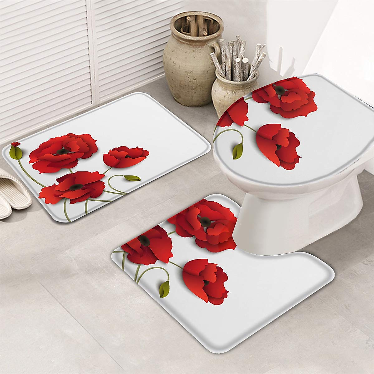 EZON-CH 3pcs Bath Rug Set Memory Foam Non-Slip Bathroom Rug Contour,Mat and Toilet Lid Cover,Red Poppy Flower Pattern Bathroom Rugs,18"x30"+14"x18"+15"x18"