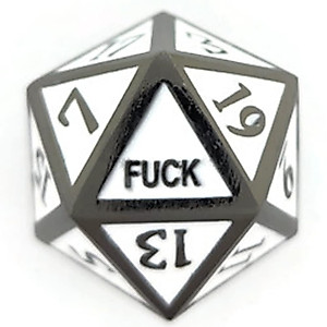Black and White Metal D20 F*** Dice Critical Fail F 20 Sided Die Set DND Black Gunmetal Color Number for Role Playing Game Dungeons and Dragons D&D Pathfinder Shadowrun and Math Paladin