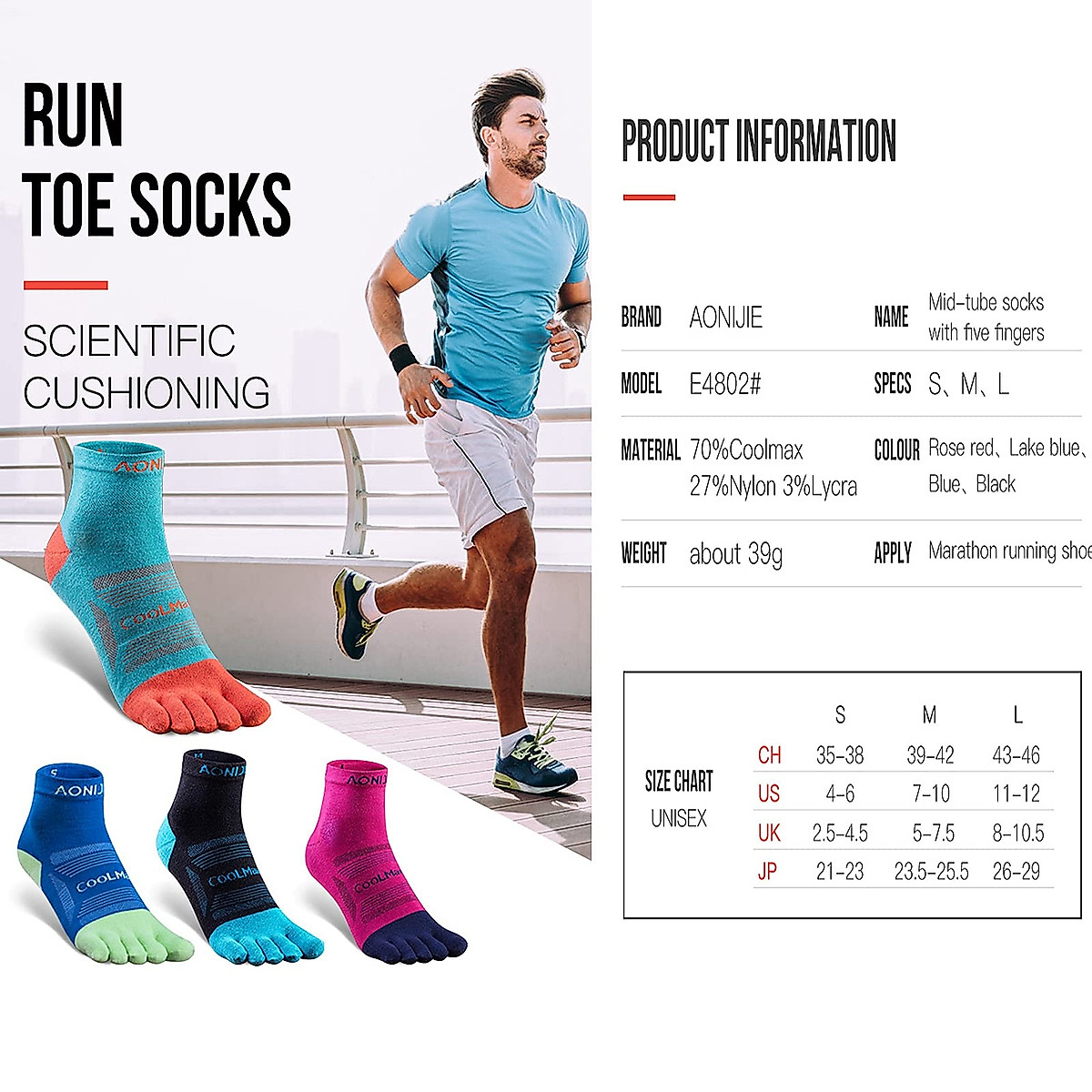 AONIJIE Pack of 3 Sports Socks Athletic Five Toe Socks for Men Women Running Hiking Wicking Crew Mid Cut M Size