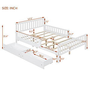 Full Bed Frame with Storage Drawers and Fence Rails, Wood Platform Beds with Headboard and Slat Support for Kids Boys Girls Teens, No Box Spring Needed, Full Size, White