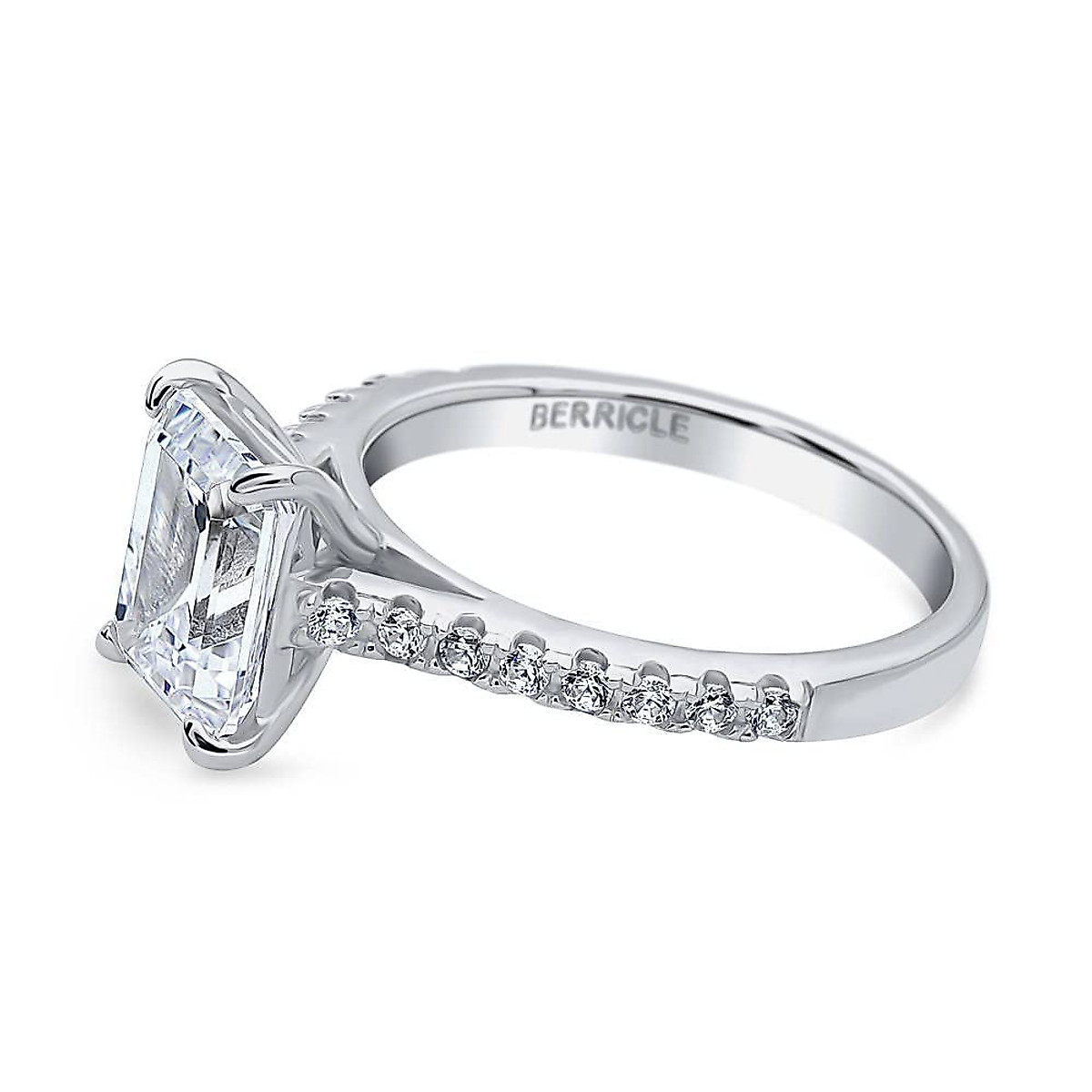 BERRICLE Sterling Silver Solitaire Wedding Engagement Rings 2.6 Carat Emerald Cut Cubic Zirconia CZ Promise Ring for Women, Rhodium Plated Size 4.5