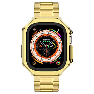 Compatible with Apple Watch Ultra 2 Band and Case, Stainless Steel Metal Chain with TPU Cover, Smart-Watch Link Bracelet Strap for men, Wrist-Band for i-Watch Ultra, 49mm, Gold
