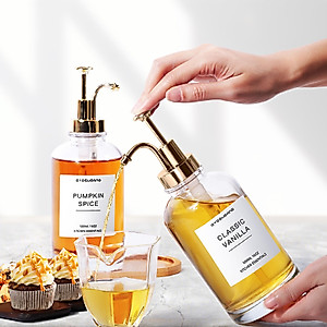 Syrup Dispenser, Coffee Syrup Dispenser for Coffee Bar, Simple Glass Syrup Bottle w 84 Labels and Bamboo Tray, Syrup Pump Dispenser 16.9 oz 500 ml, Set of 2, Gold, Coffee Bar Accessory