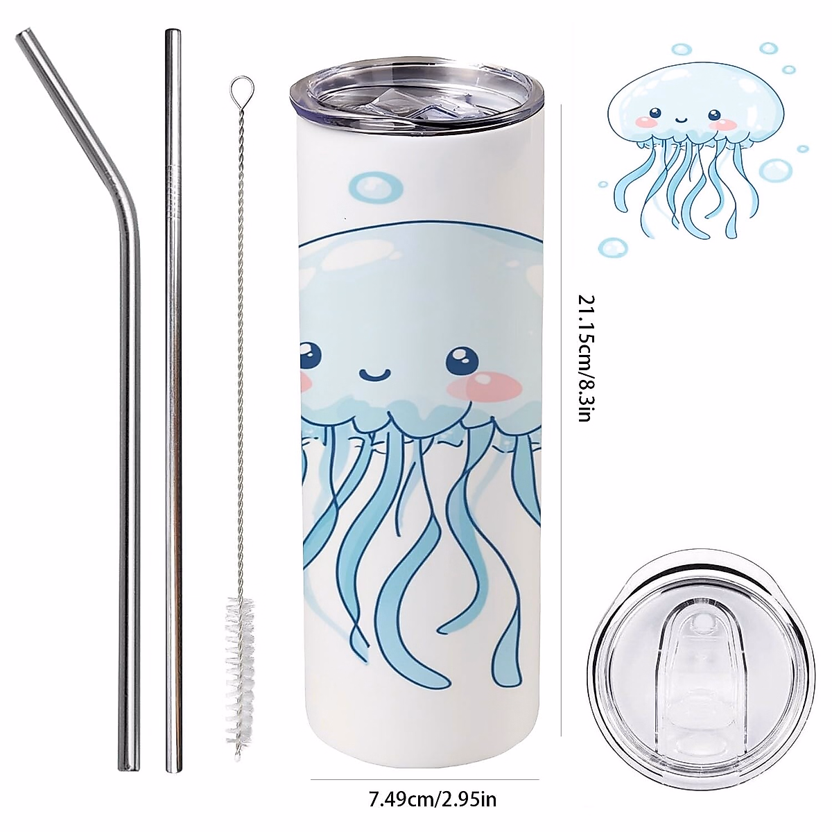 Tumbler with Lid and Straw Cute Blue Jellyfish thermos coffee travel mugcute cups 20 oz insulated tumbler for Daily Holiday Decor Gift coffee cup