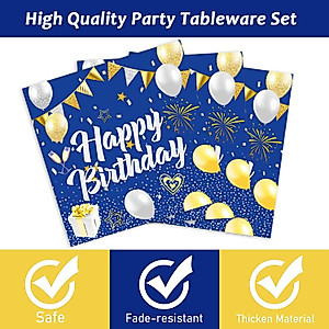 49 Pcs Navy Blue Birthday Party Tableware Set Blue Gold Birthday Party Supplies Navy Blue Plates,Napkins,Tablecloth Table Decorations for Men Women Birthday Graduation Party,Serves 16