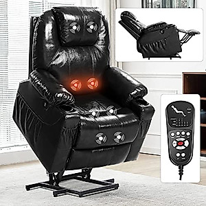 EMONIA Power Lift Recliner Real Leather Lift Chairs Recliners for Elderly with Massage and Heat for Elderly,OKIN Motor Lift Chairs,2 USB, 2 Cup Holder&4 Side Pockets (Black)