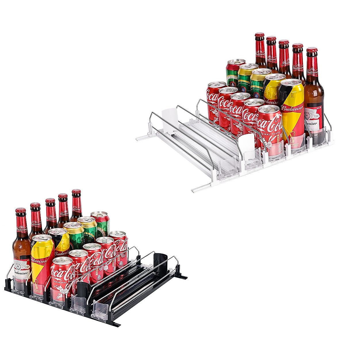 Upgrade Drink Organizer for Fridge, LAKIX Self-Sliding soda Can Dispenser for Refrigerator and Adjustable Width, 12oz to 20oz holds 50+ Cans (White + Black)