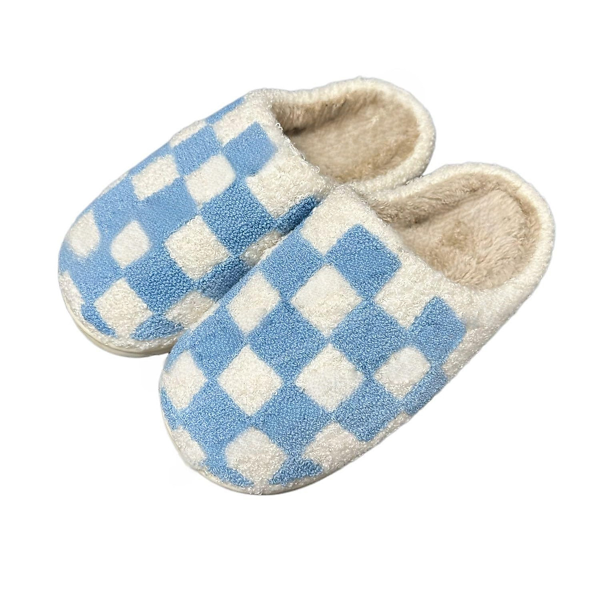 JINLONYU Checkered Slippers Cozy Warm Plush Slip-On House Shoes for Women Men Plaid Scuff Slides Blue 39-40